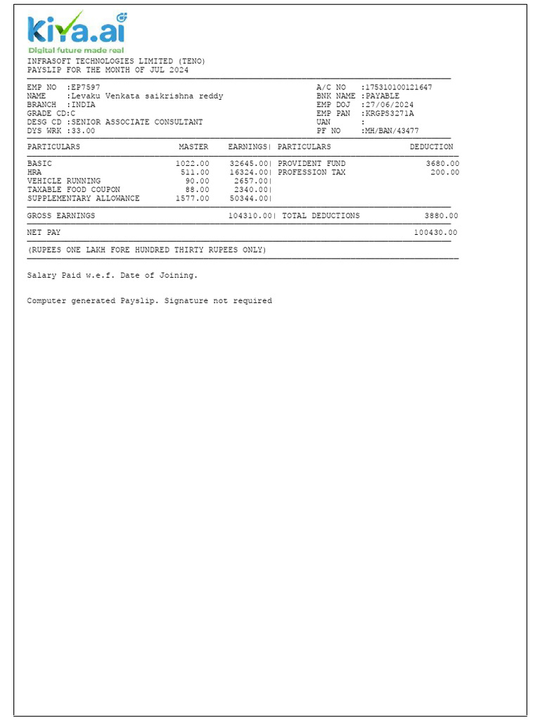 INFRASOFT - JUL - 2024 - EP7597 - Payslip 2 | PDF