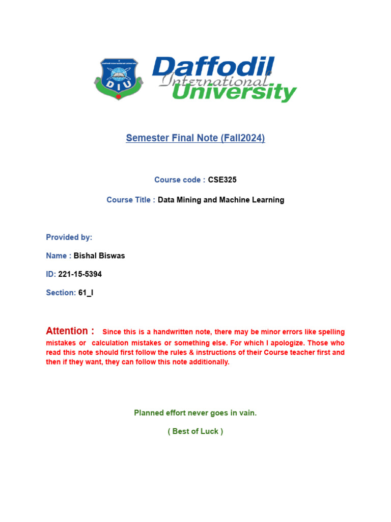 DM & ML Note Upto Final by Bishal | PDF