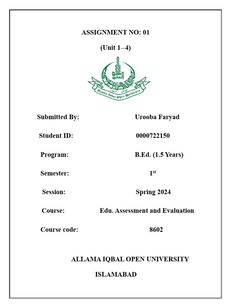 AIOU Assignment Cover Page Guide | PDF | Educational Assessment ...
