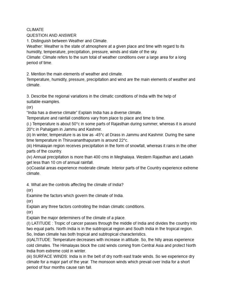 Climate Question and Answer | PDF | Monsoon | Rain