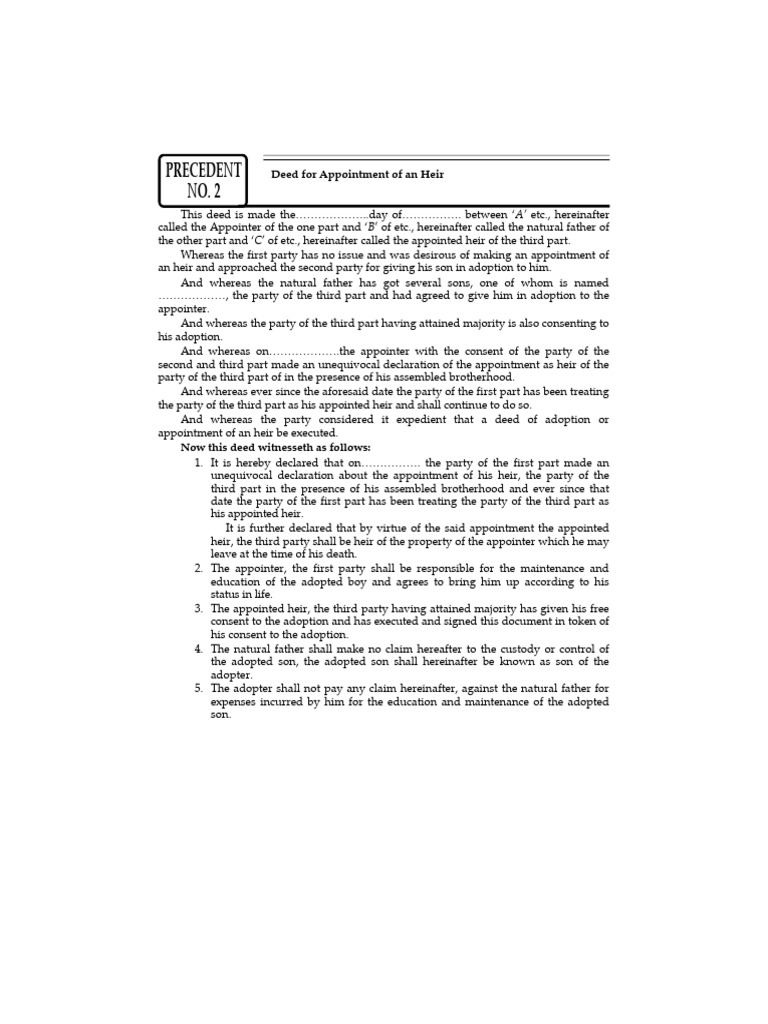 Precedent No. 2 - Deed For Appointment of An Heir | PDF