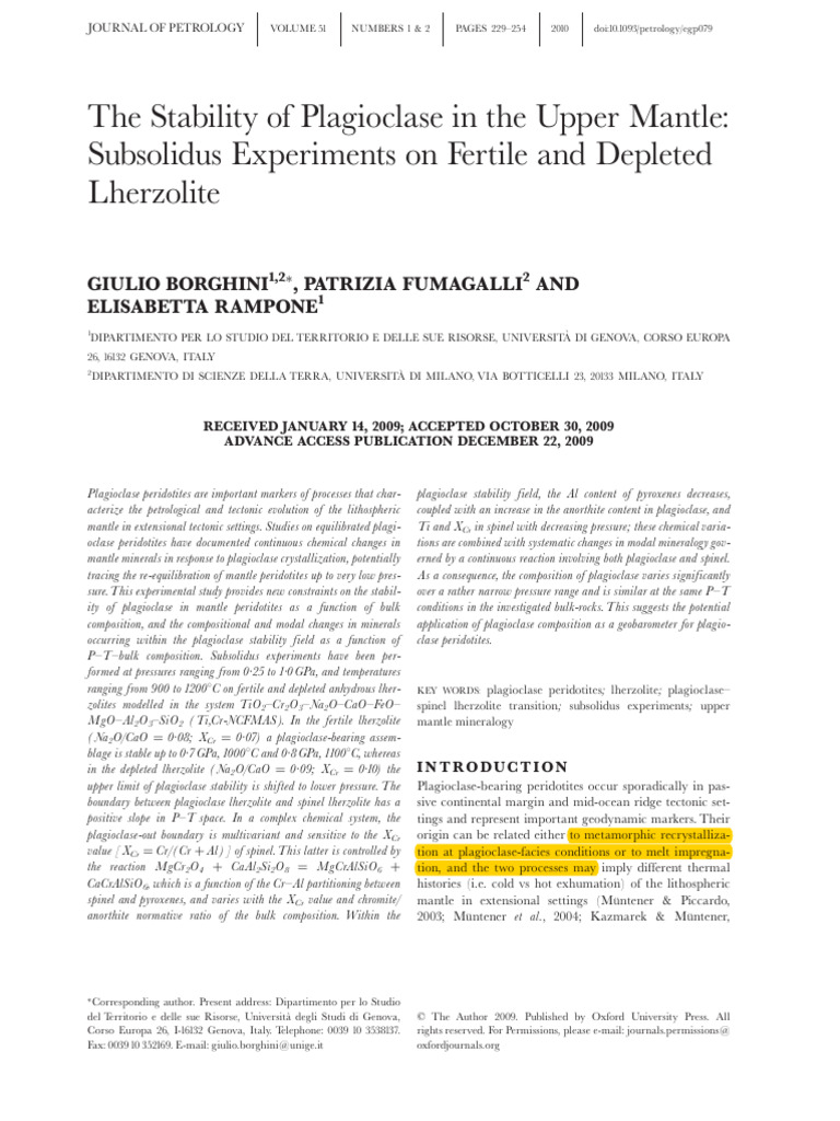 The Stability of PL in The Upper Mantle Subsolidus Expriments On ...