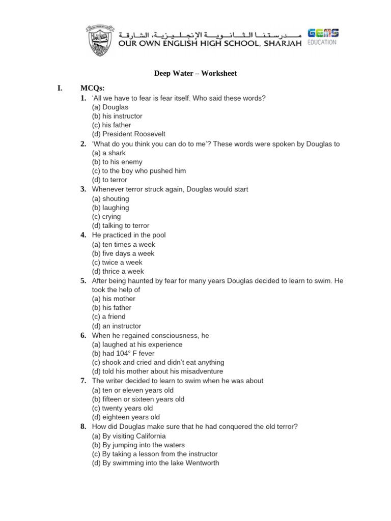 Deep Water MCQs for Students | PDF