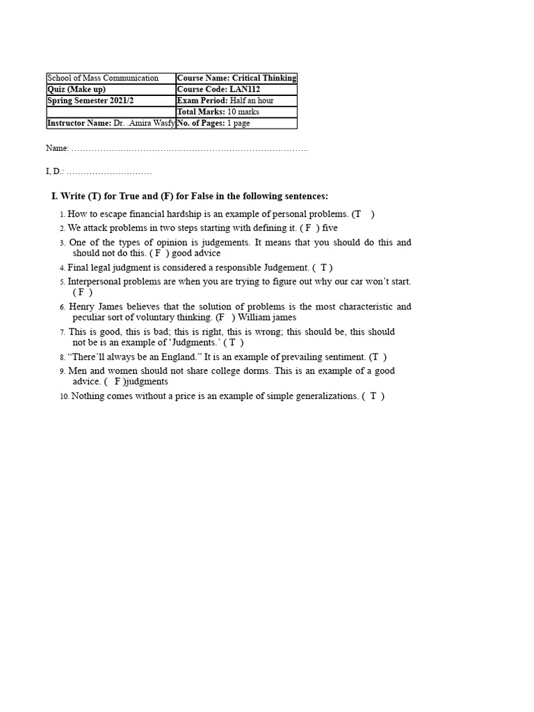 Critical Thinking Quiz | PDF