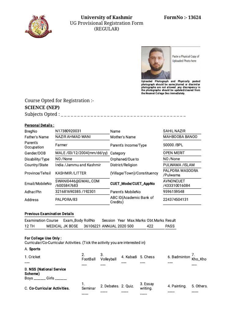 Egov.uok.Edu.in Collegeadm AdmDetails PrintForm UGBRN.aspx | PDF