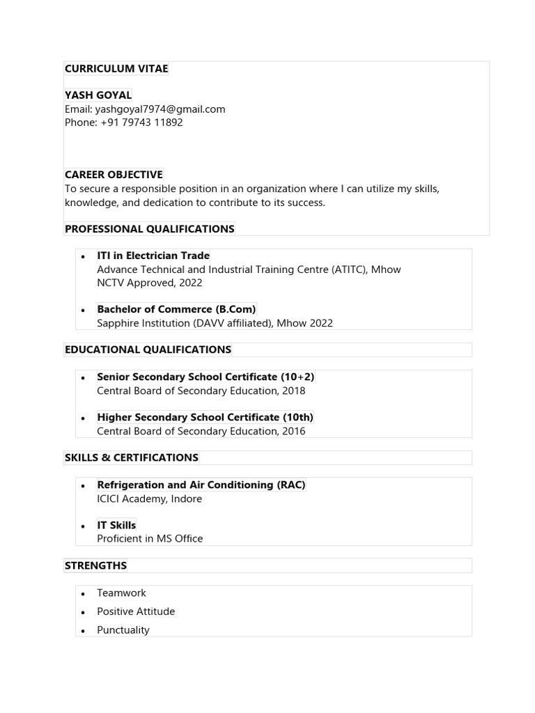 CURRICULUM VITAE-Yash | PDF