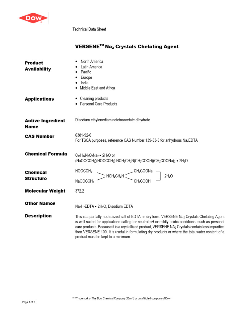 Versene Na2 Crystals Technical Data Sheet | PDF ...