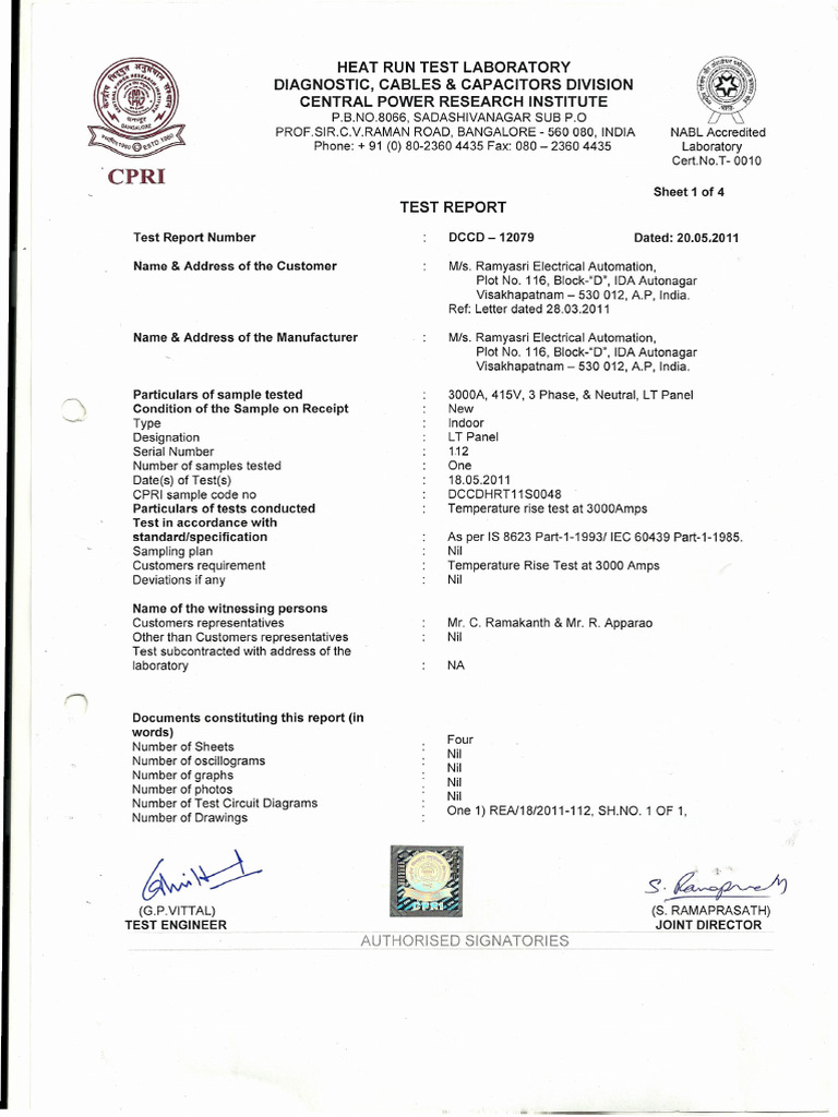 Temperature Rise Test Report for LT Panel | PDF | Electrical Conductor ...