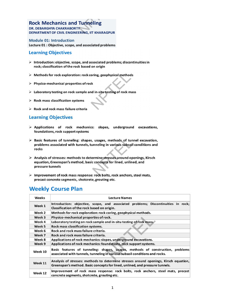 Rock mechanics and Tunnelling Notes - week 1 notes | PDF