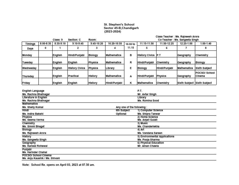 Class 9 Schedule for St. Stephen's School | PDF