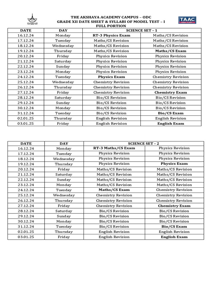 Xii-Science Set-1&2 Model - 1 Revised Time Table | PDF