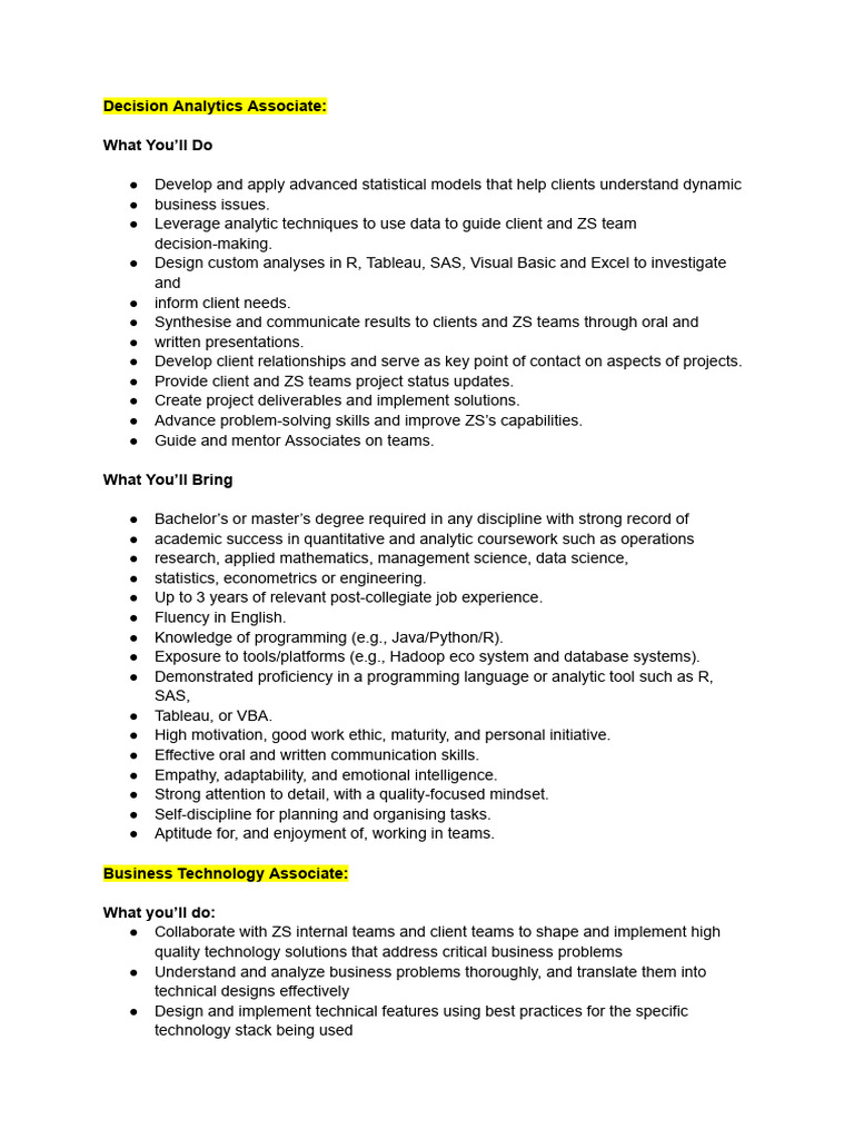 ZS Hiring - Roles & Eligibility Criteria | PDF | Analytics | Data