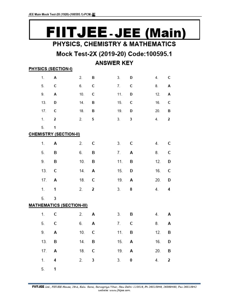 Fiitjee Jee Main Mock Test Answers | PDF | Physical Sciences | Natural ...