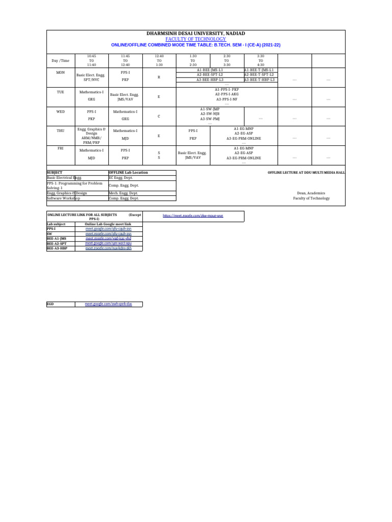 Time Table Sem I CE 2021-22 | PDF