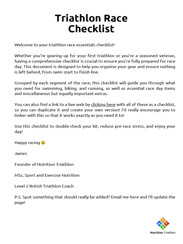 Triathlon Race Checklist | PDF | Triathlon