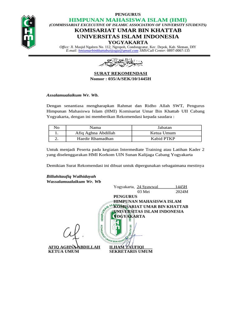 035.a.sek.10.1445H Surat Rekomendasi LK-2 Afiq Dan Hedir | PDF