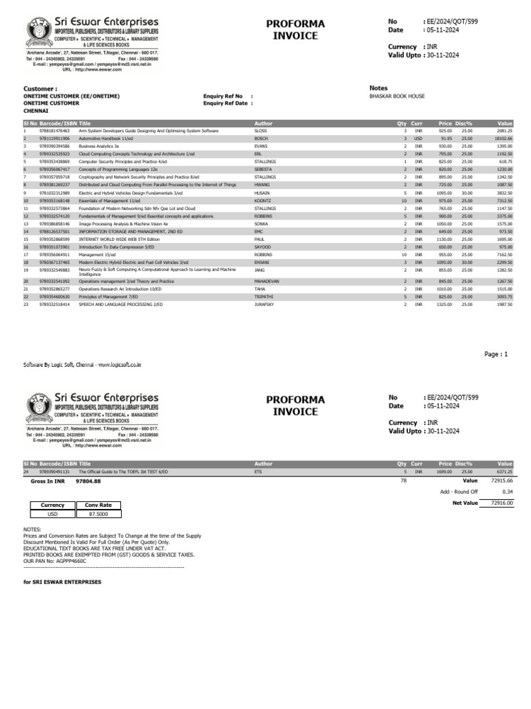 Proforma Invoice EE/2024/QOT/599 | PDF | Value Added Tax | Computer Science
