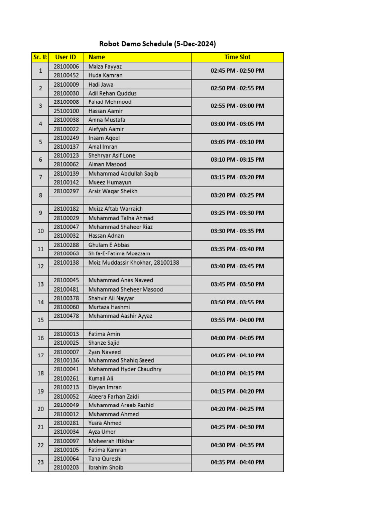Robot Demo Schedule - Section L5 | PDF