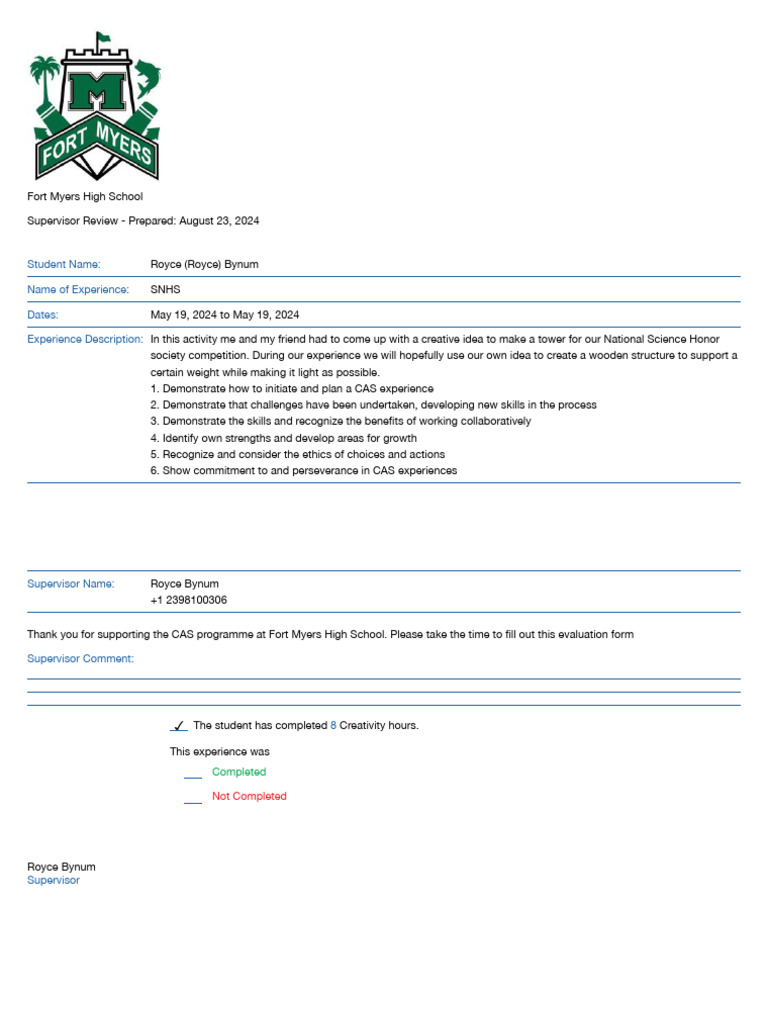 Fort Myers High School CAS Experience Review | PDF