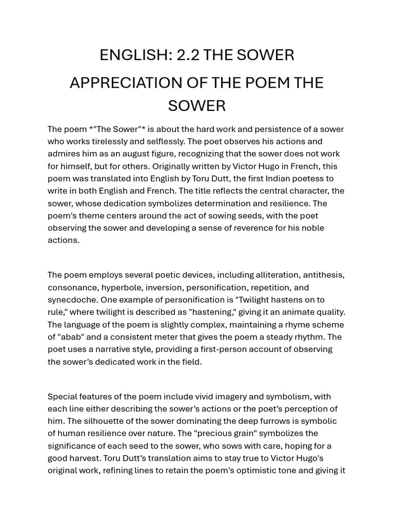 Appreciation of The Poem The Sower | PDF