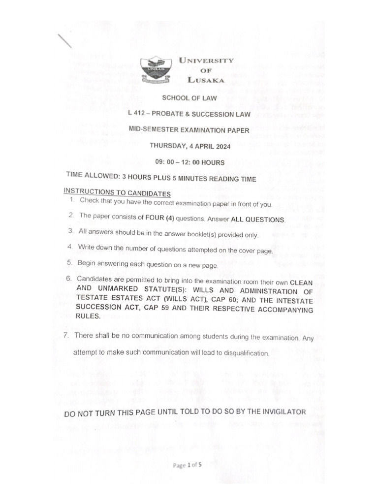 Probate and Succession Law - 2024 - Semester 1 - Mid Exam | PDF
