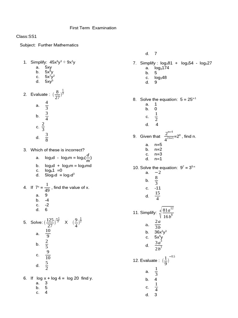 Harmonized SS1 Further Mathematics First Term 2024 2025 | PDF ...