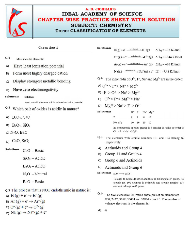 Jee Chemistry Practice Sheet (Classification of Elements) With Solution | PDF | Physical ...