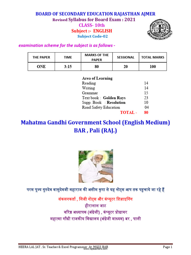 Class 10th English Notes For Board Exam 2021 by Heera Laal Jaat Sojat ...