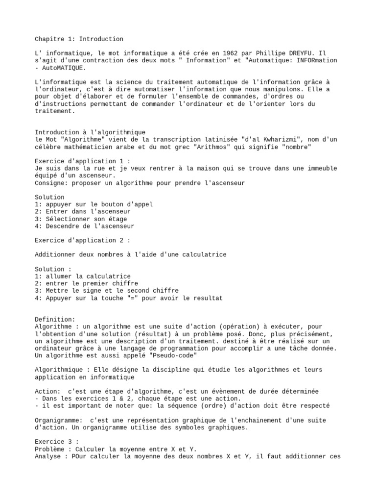 Introduction à l'informatique et algorithmes | PDF | Langage de ...