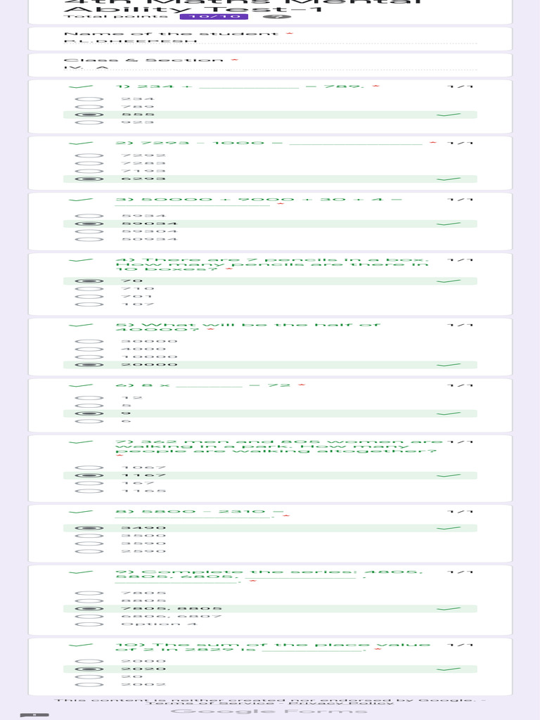4th Maths Mental Ability Test-1 | PDF