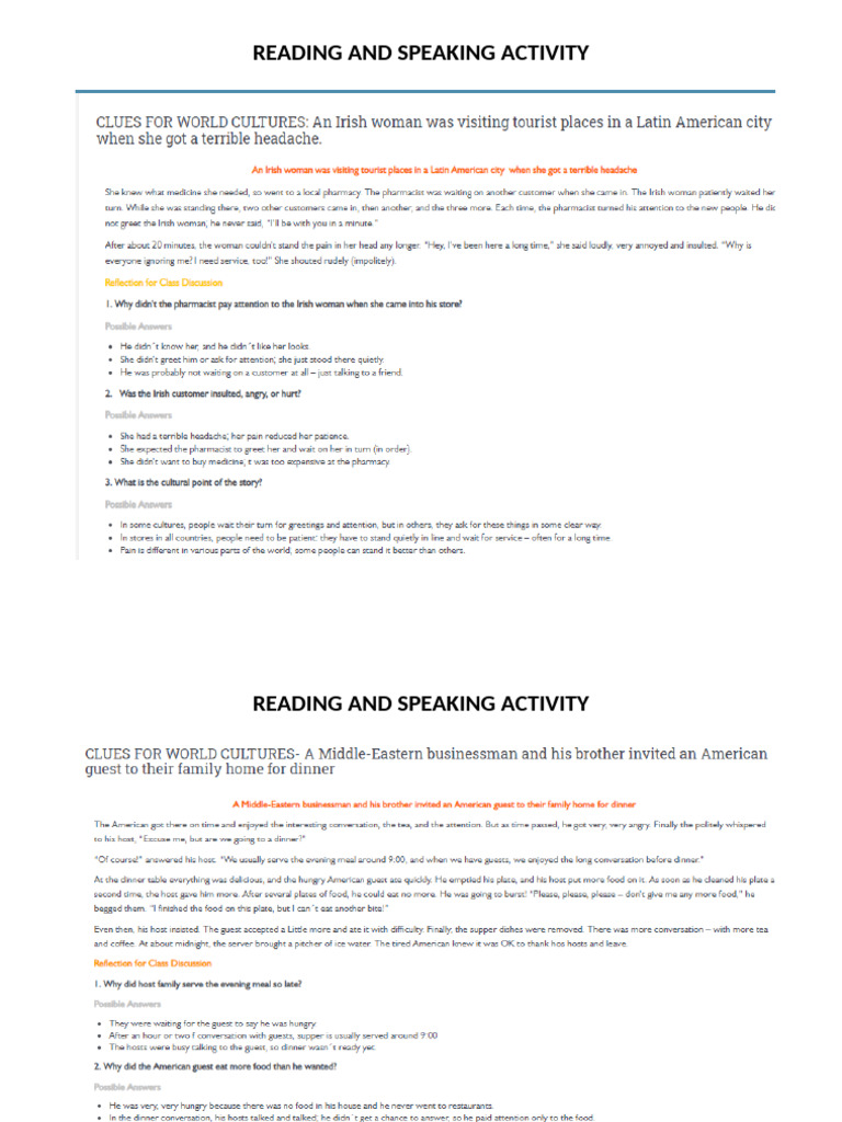 Reading and Speaking Activity Module 1 Class 2 | PDF
