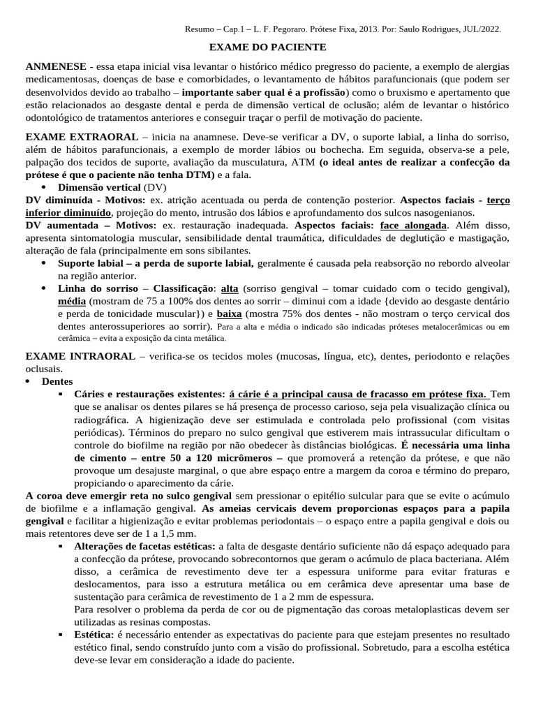 Resumo Cap. 1 - Pegoraro | PDF | Dente humano | Medicina Clínica