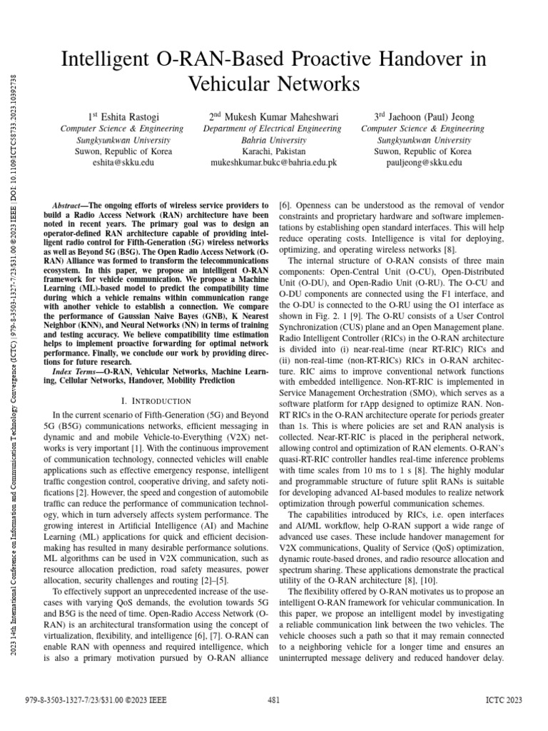 Intelligent O Ran Based Proactive Handover In Vehicular Networks Pdf Machine Learning