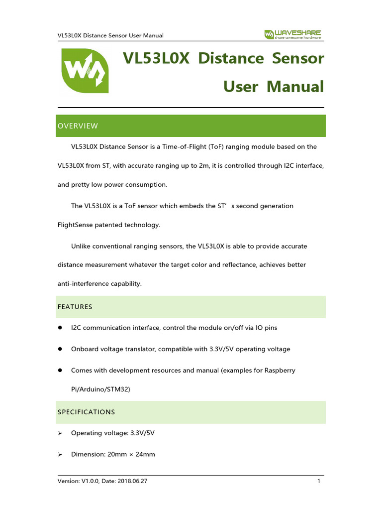 VL53L0X Distance Sensor User Manual en | PDF | Laser | Arduino