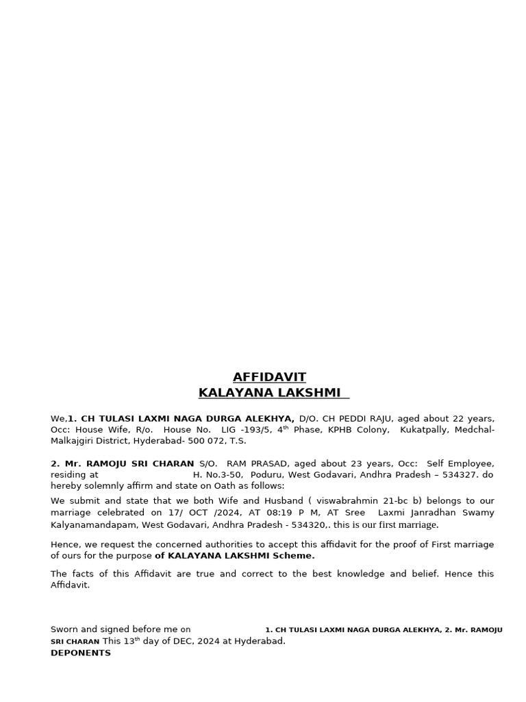 Kalyana Lakshmi Affidavit | PDF