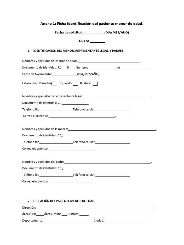 Anexo 1 - Ficha Identificación Del Paciente Menor de Edad | PDF