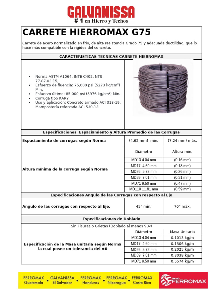 FICHA TECNICA CARRETE HIERROMAX G75 | PDF