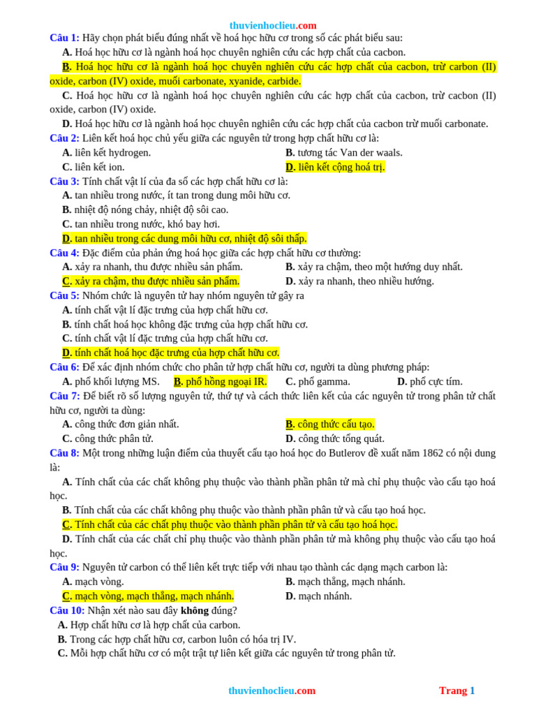 On Chuong Dai Cuong Ve Hoa Huu Co | PDF