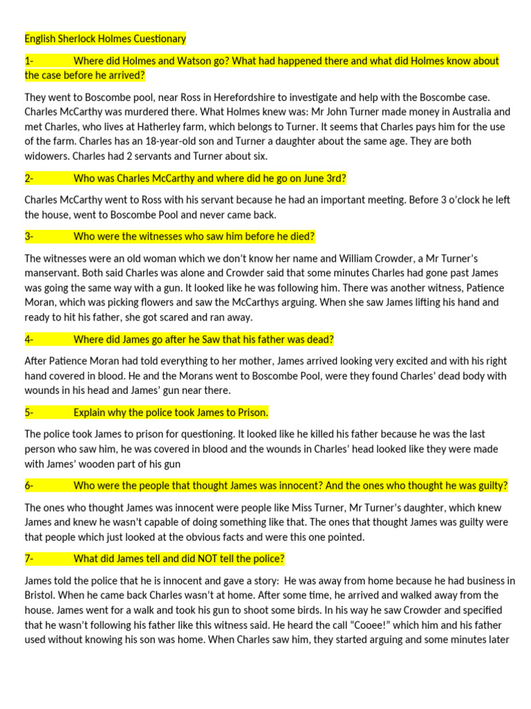 English Sherlock Holmes Cuestionary Complete | PDF | Sherlock Holmes ...