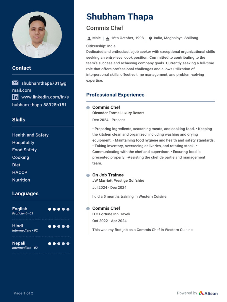 CV Shubham Thapa | PDF | Chef | Home