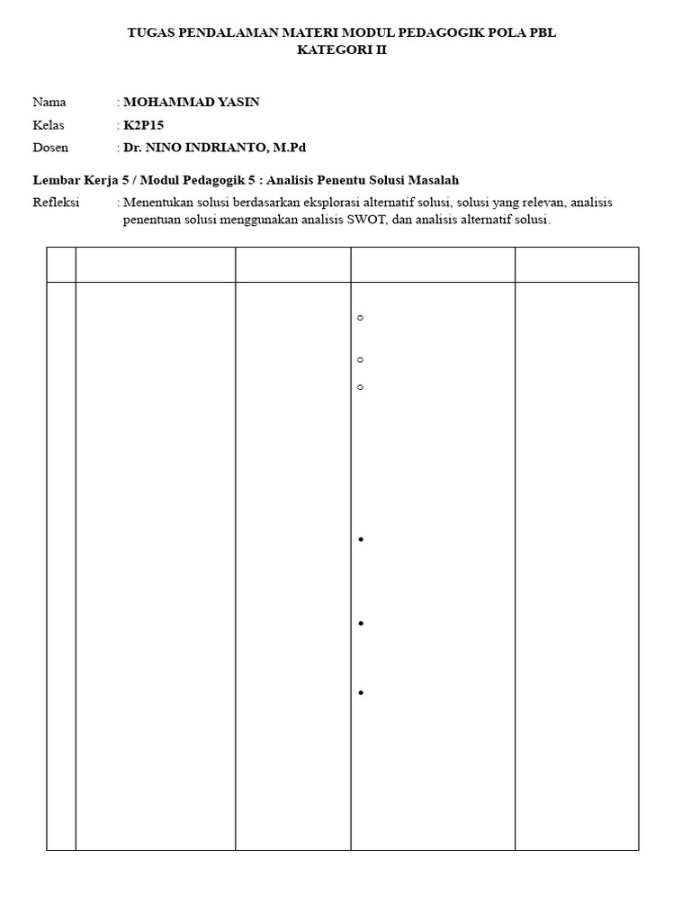 Lk5-Modul Pedagogi 5 Analisis Penentu Solusi Masalah (Mohammad Yasin) | PDF