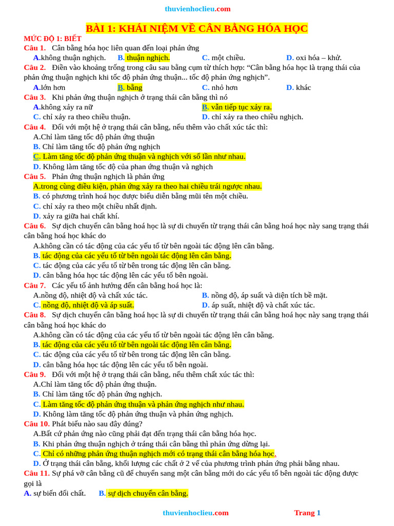 1 Ly Thuyet Va Bai Tap Khai Niem Trong Can Ban Hoa Hoc | PDF