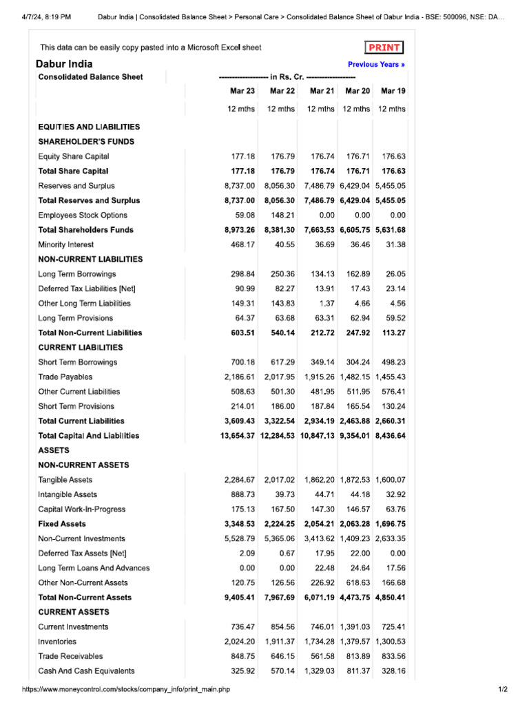 Dabur Balance Sheet | PDF