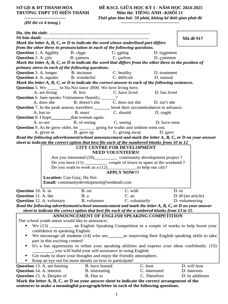 Đề Kscl Giữa Hki - k11 - Mđ 917 | PDF