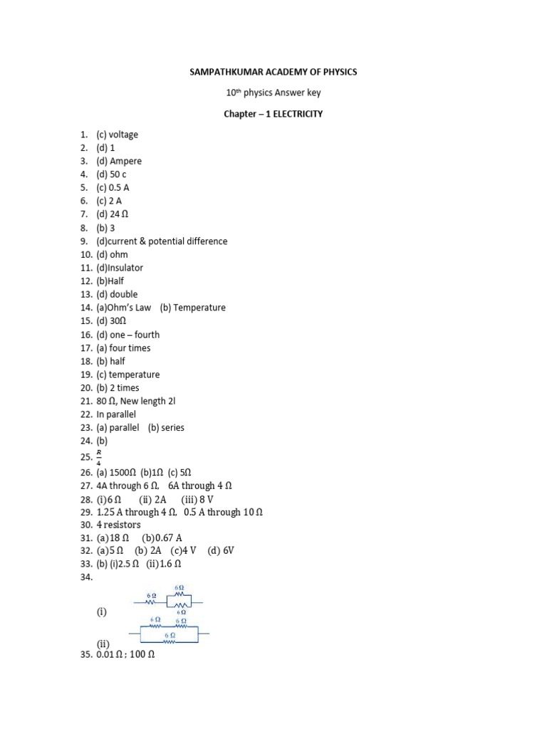 10th Physics Answer Keys Elect, Reflec, Refrac, Human Eye | PDF ...