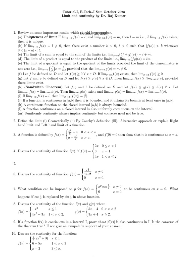 Tute1 Limit Continuity 2023 | PDF | Mathematical Analysis | Mathematical Objects