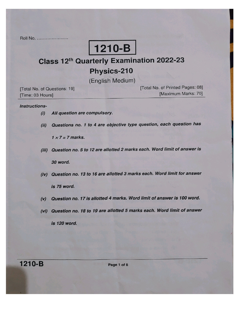 Class 12 Physics Quarterly Exam Question Paper | PDF