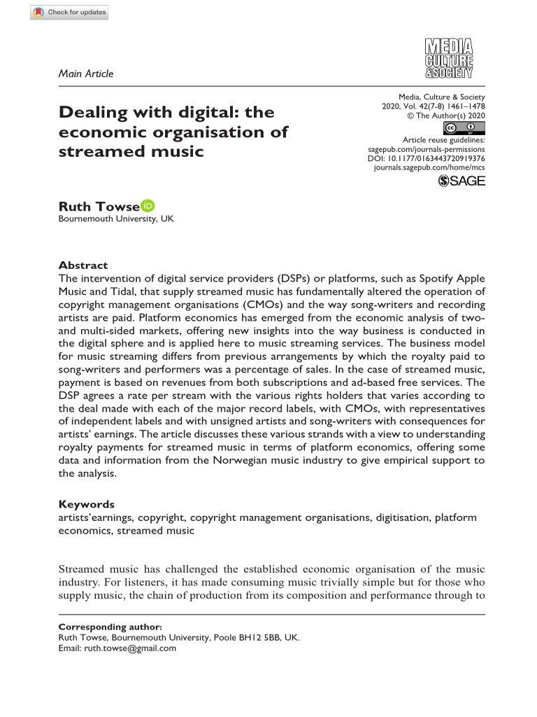 Towse 2020 Dealing With Digital The Economic Organisation of Streamed ...