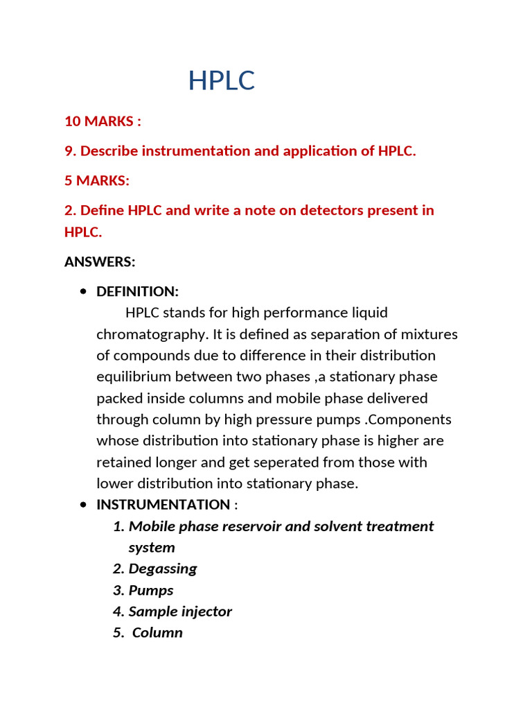 HPLC: Definition, Instrumentation, Applications | PDF | High ...