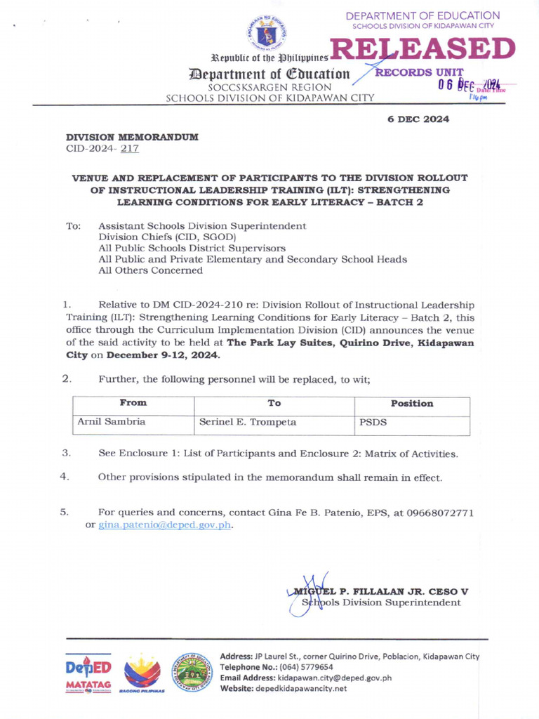 DM - CID - 2024 - 217 - Venue and Replacement of Participants To The Division Rollout of ...